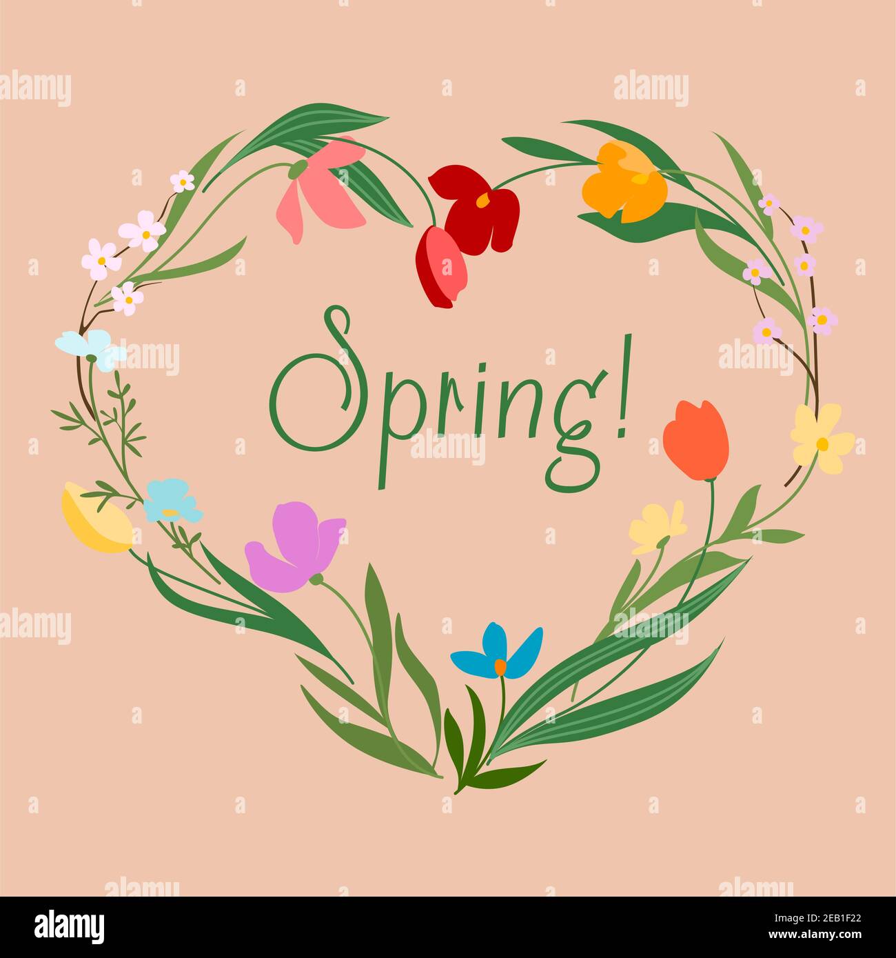 Spring floral heart with colorful flowers and text Spring in the center ...