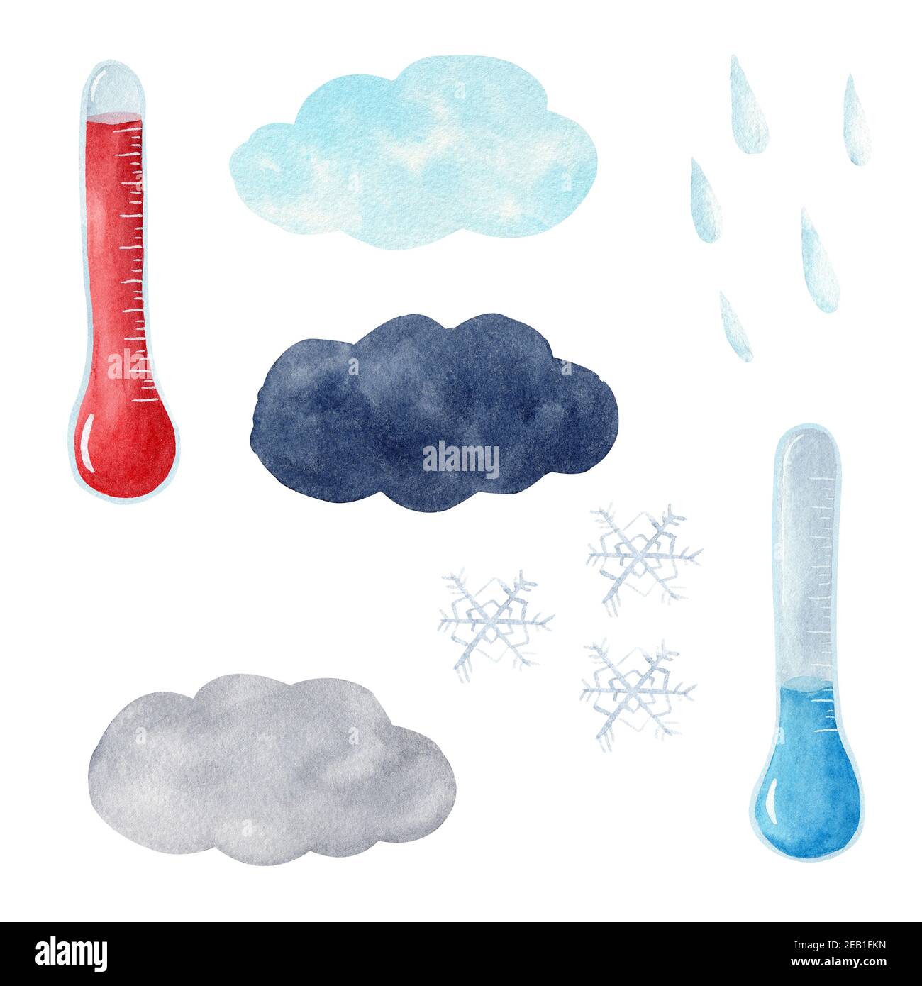 Watercolor thermometer, clouds, raindrops, snowflakes. Weather elements ...