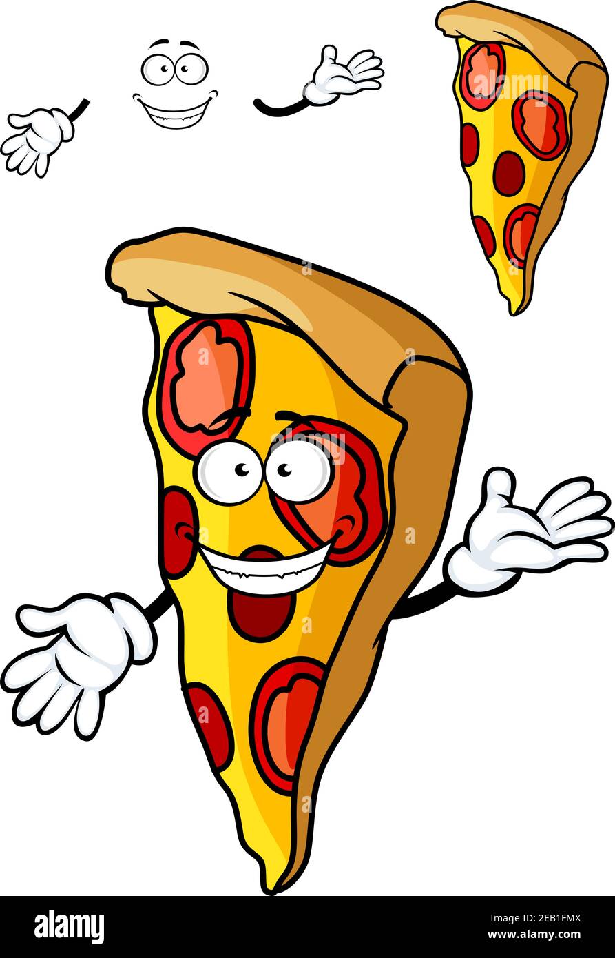 Cartooned slice of pizza with happy face and arms for fast food design ...