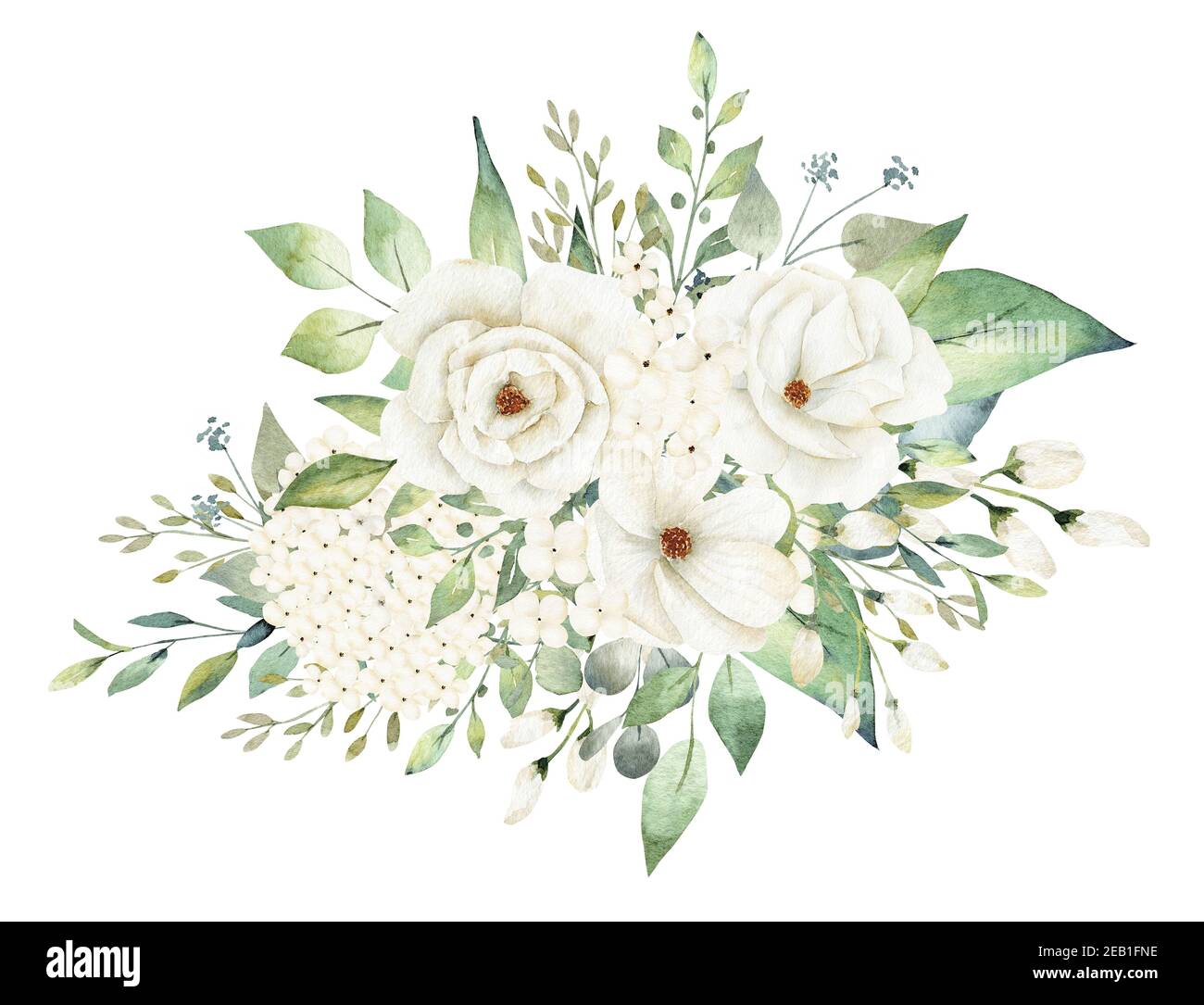 White flowers and greenery leaves bouquet watercolor clipart. Botanical ...