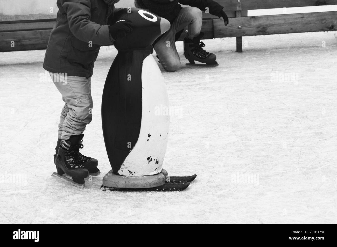 Children skate with penguin skating aid at rink operated for children ...