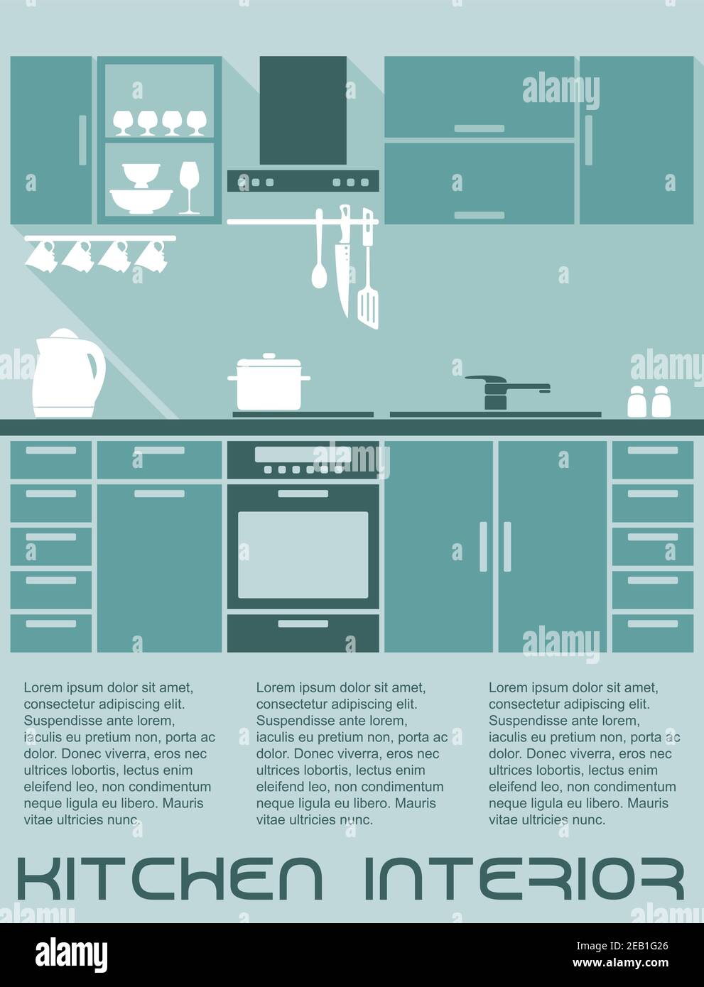 Kitchen flat interior design template in shades of blue with a fitted ...
