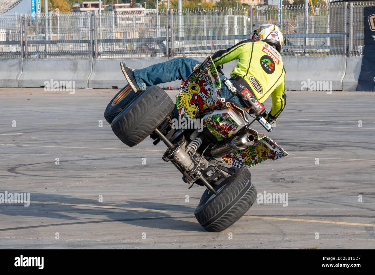 Kazan, Russia-September 26, 2020: The ATV driver demonstrates the skill ...