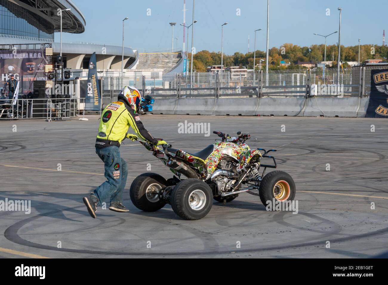Kazan, Russia-September 26, 2020: The ATV driver demonstrates his skill ...