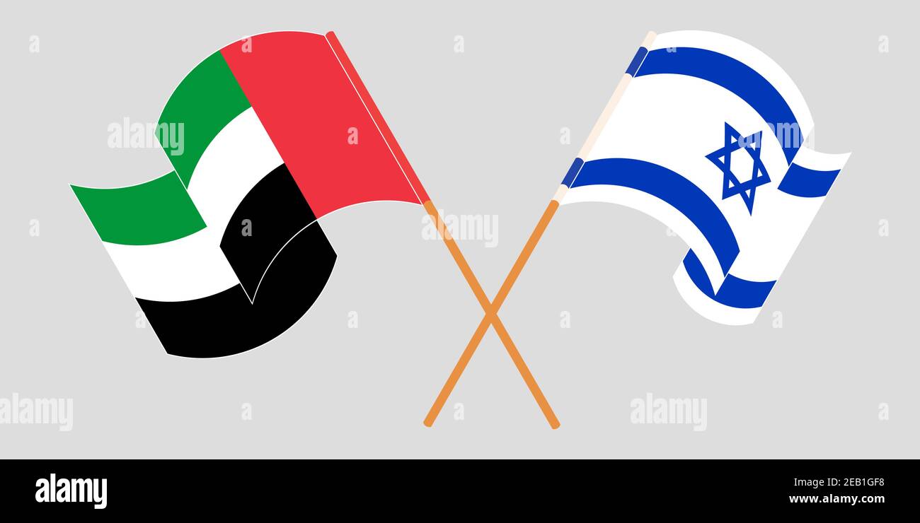 Crossed and waving flags of Israel and the United Arab Emirates. Vector ...