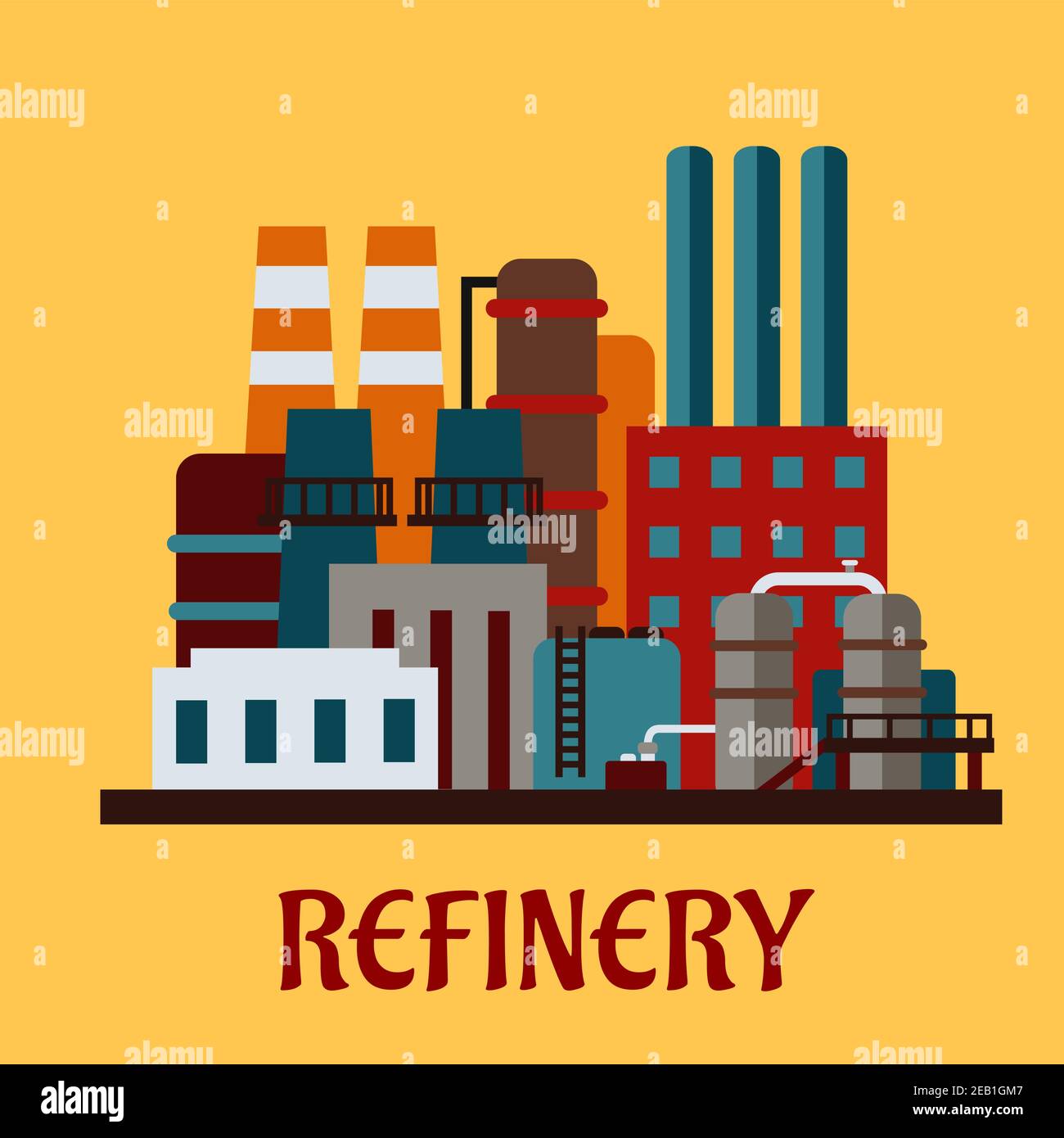 Flat industrial refinery with set of buildings, tanks, pipe work and ...