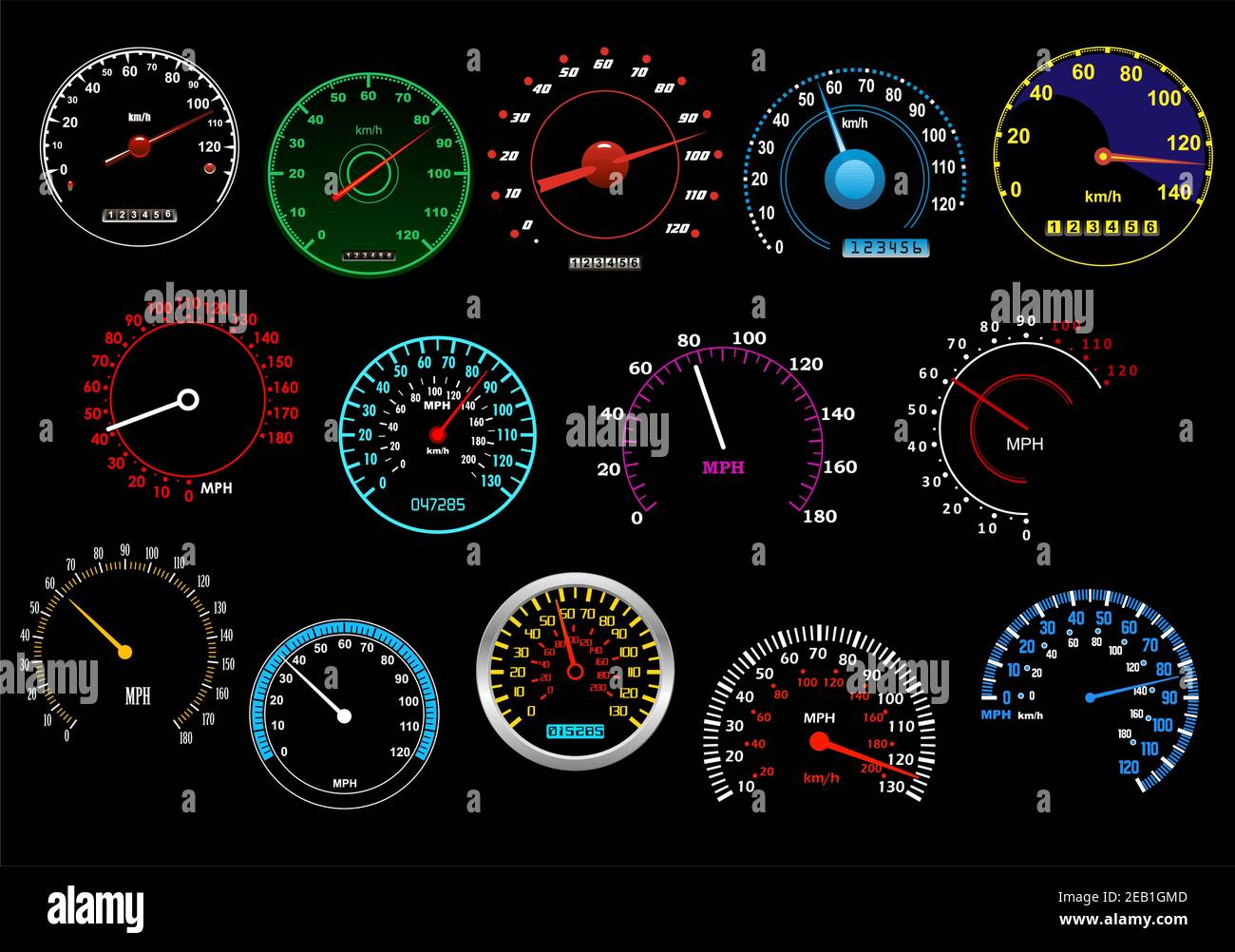 Various glowing speedometers set on black background for racing ...