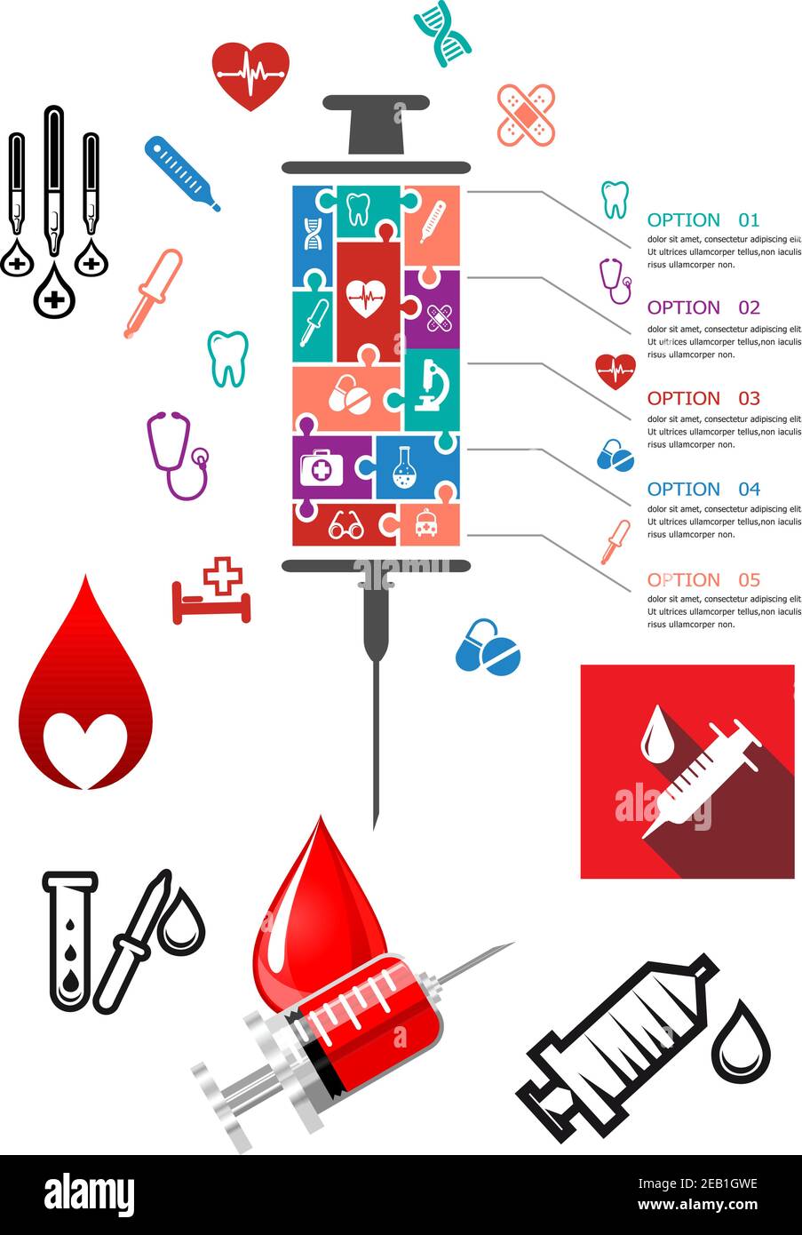 Medical and hospital infographics with icons with syringe, blood and ...
