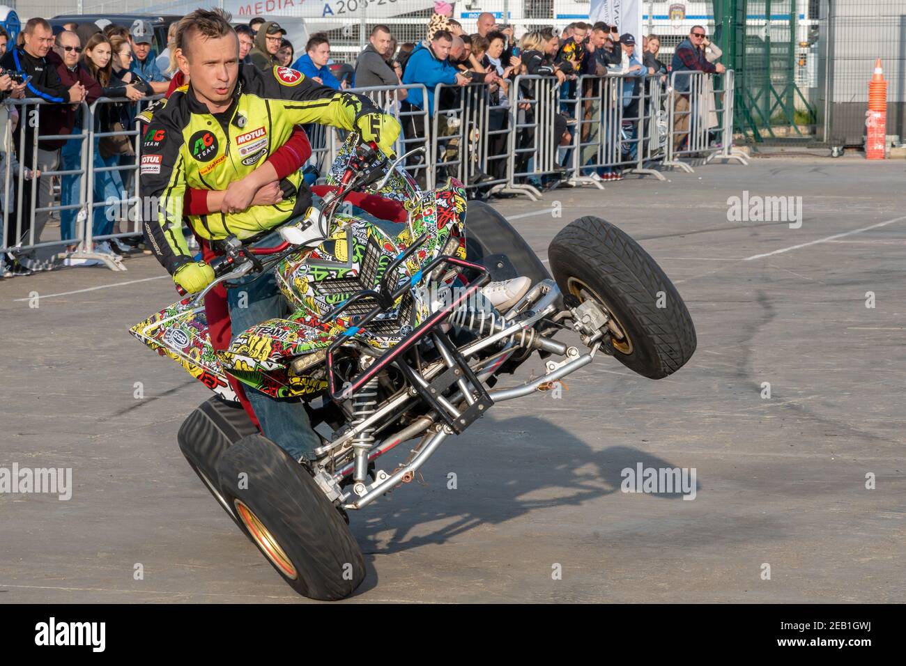 Kazan, Russia-September 26, 2020: The ATV driver demonstrates the skill ...