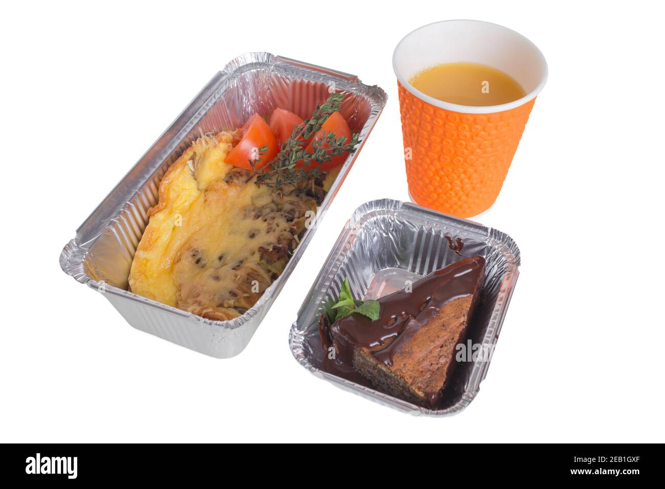 Omelet and dessert in takeaway containers. Isolated on a white ...