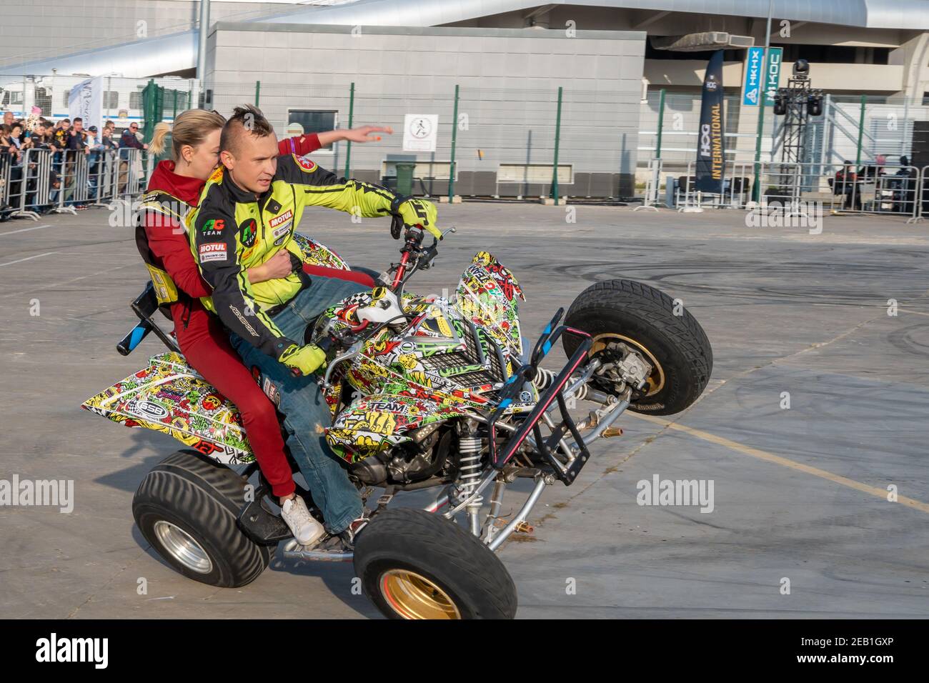 Kazan, Russia-September 26, 2020: The ATV driver demonstrates the skill ...