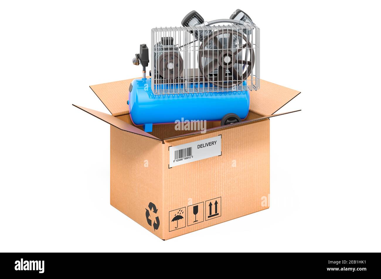 Air compressor inside cardboard box, delivery concept. 3D rendering ...