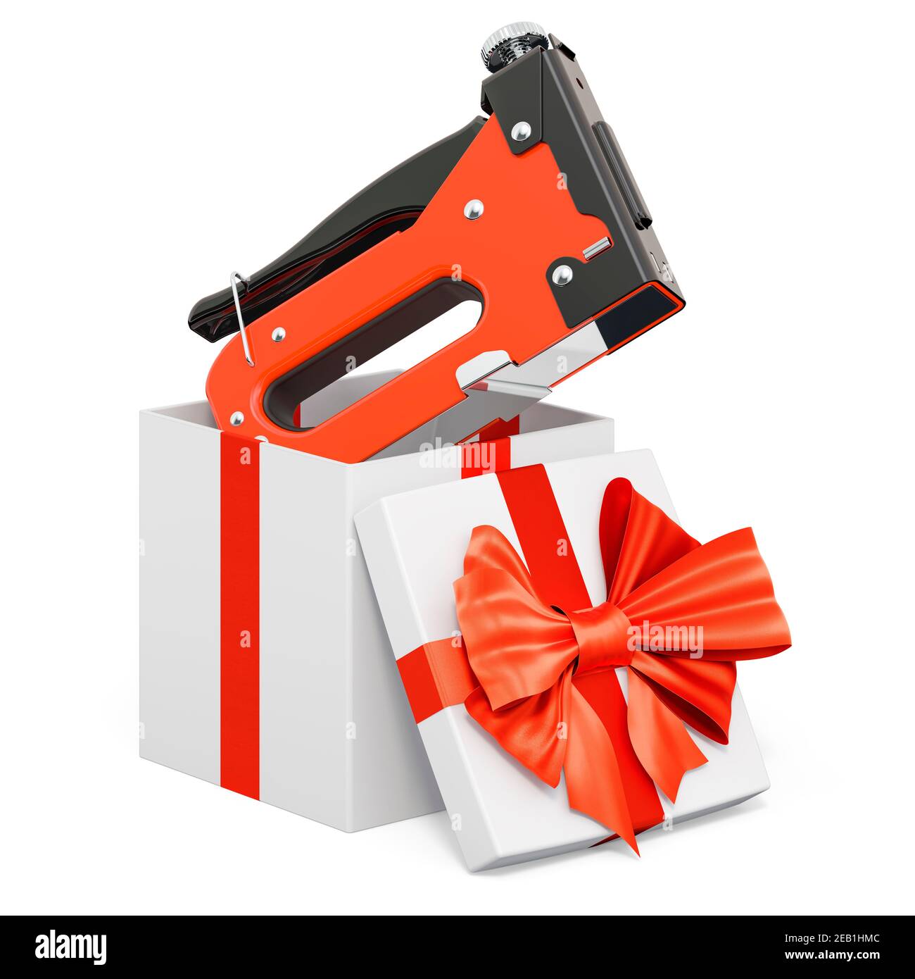 Staple gun inside gift box, present concept. 3D rendering isolated on ...