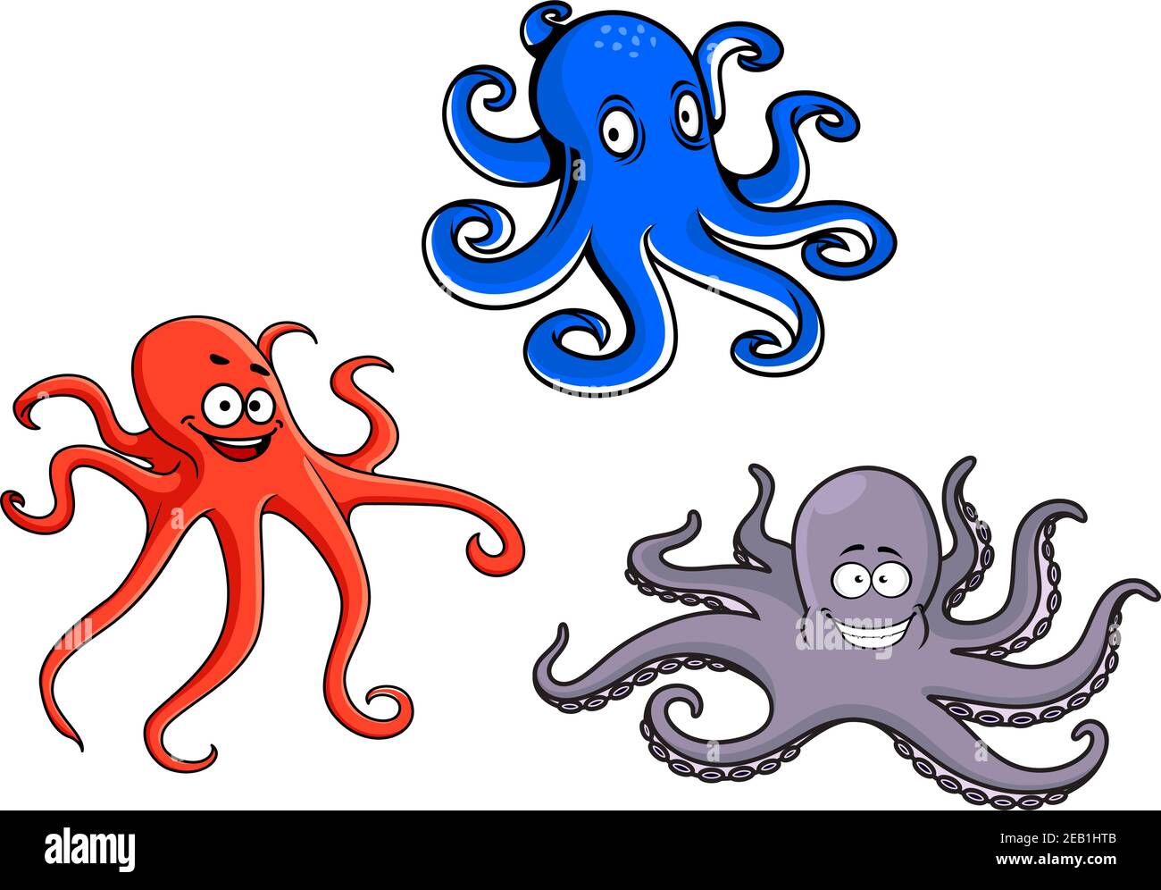 Red, blue and purple cartoon octopus characters isolated on white ...