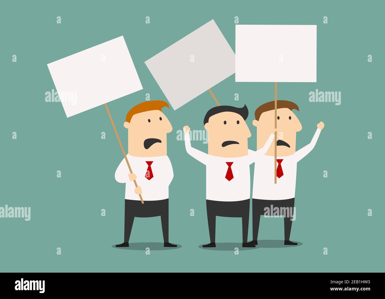 Cartoon businessmen at the meeting with posters for strike concept ...