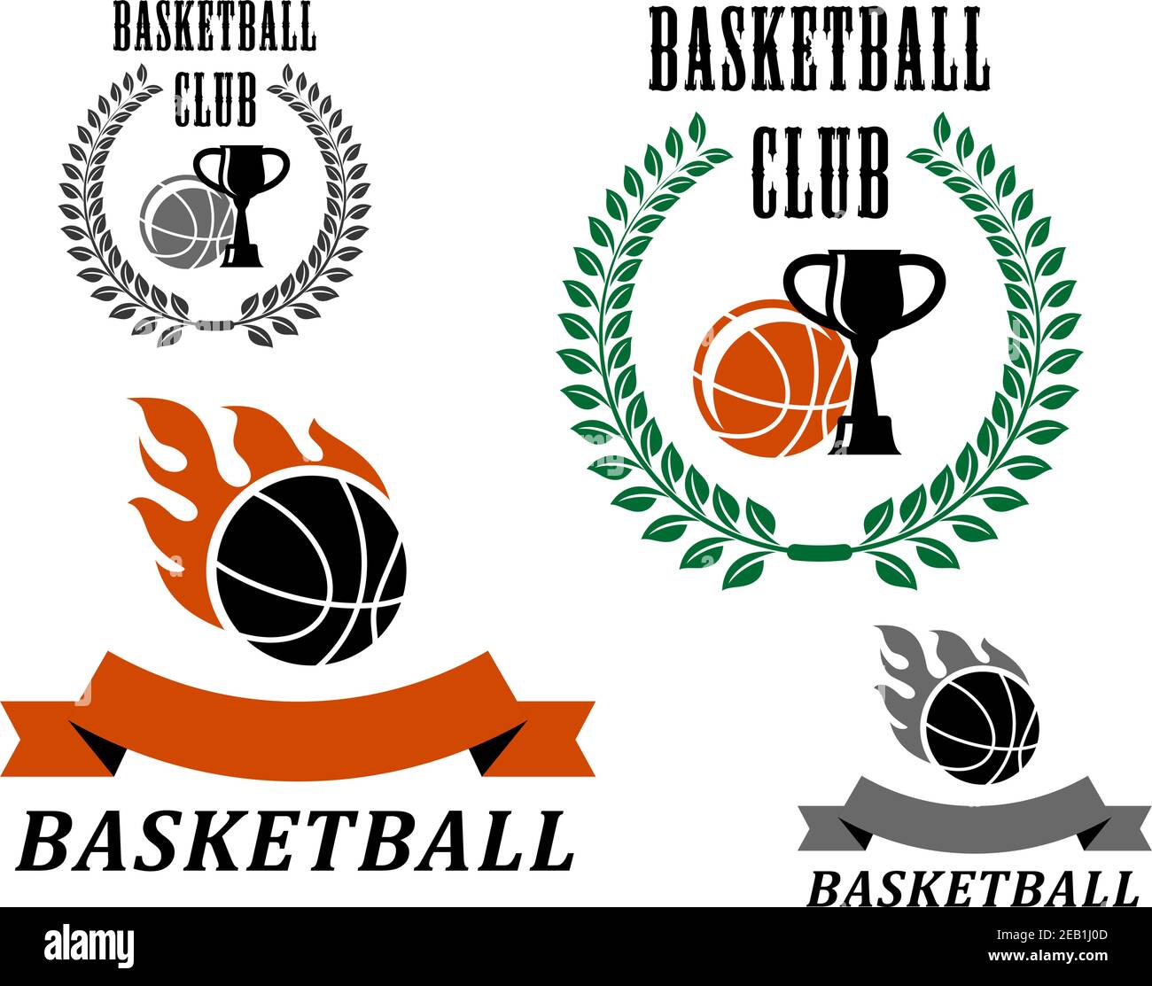 Basketball game emblems and symbols with fire flames, laurel wreath and ...