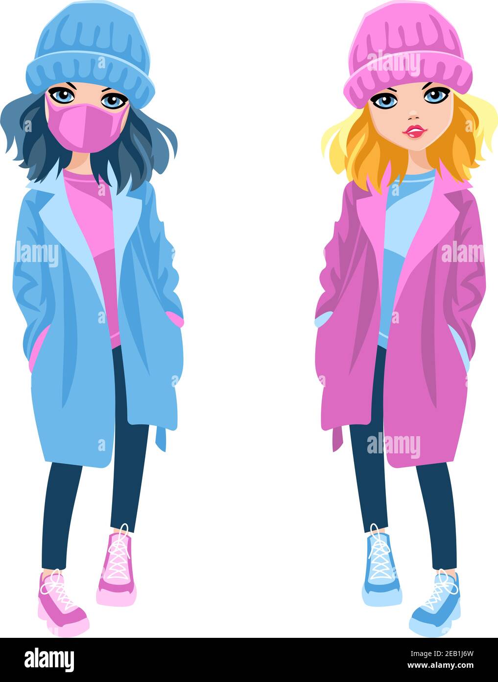 Vector Cute Beautiful Fashionable Girl In Warm Clothes Hats And Coats