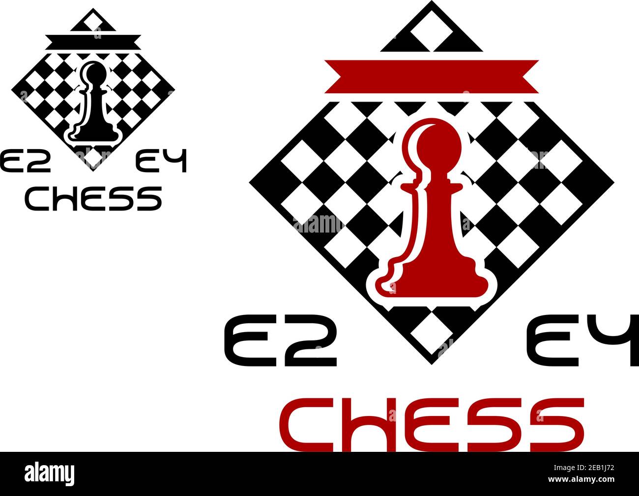 Red pawn on chess board with E2 and E4 signs for chess tournament ...