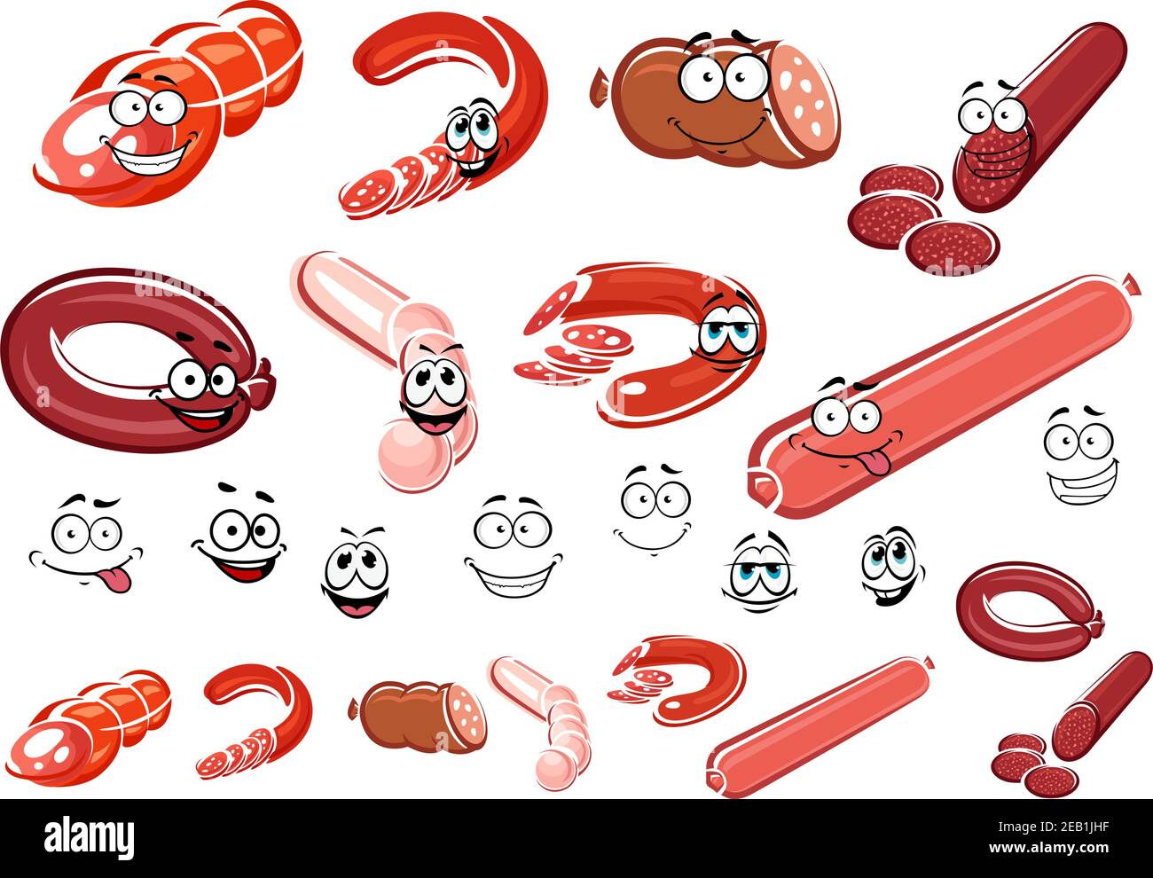 Cartoon sausage, wurst and meat characters with funny faces for food ...