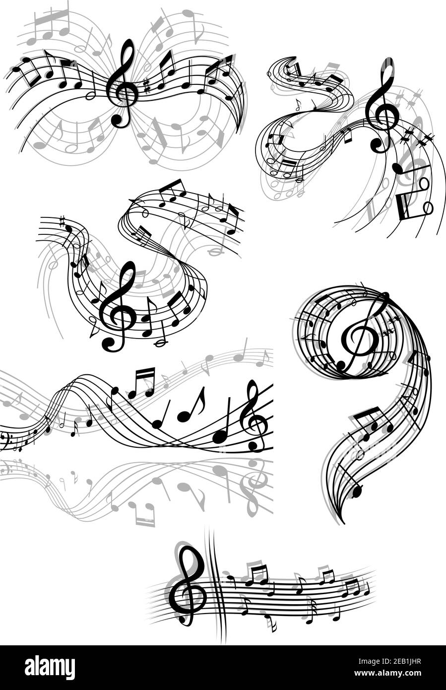 Black and white drawings of swirling musical scores and notes with ...