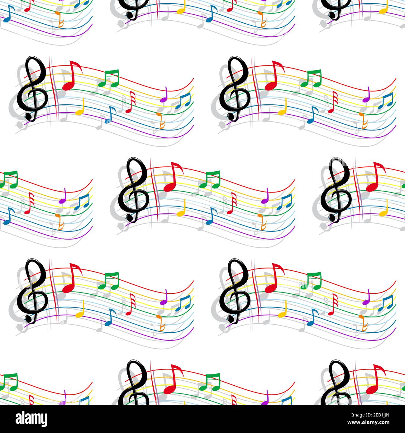 Seamless colorful curved staves, notes and treble clef background ...