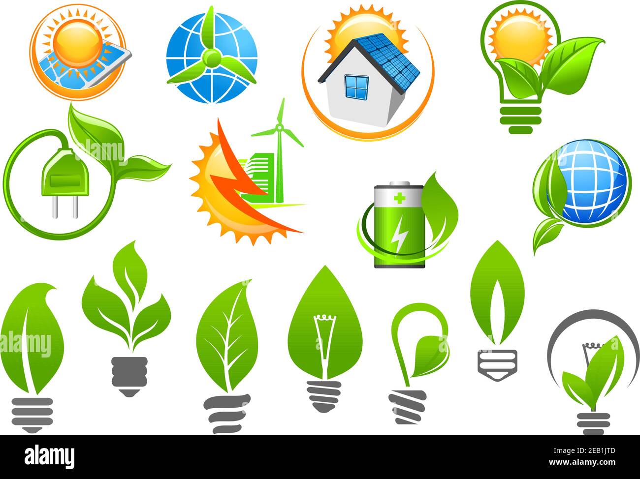 Abstract ecology icons depicting light bulbs with green leaves, sun and ...
