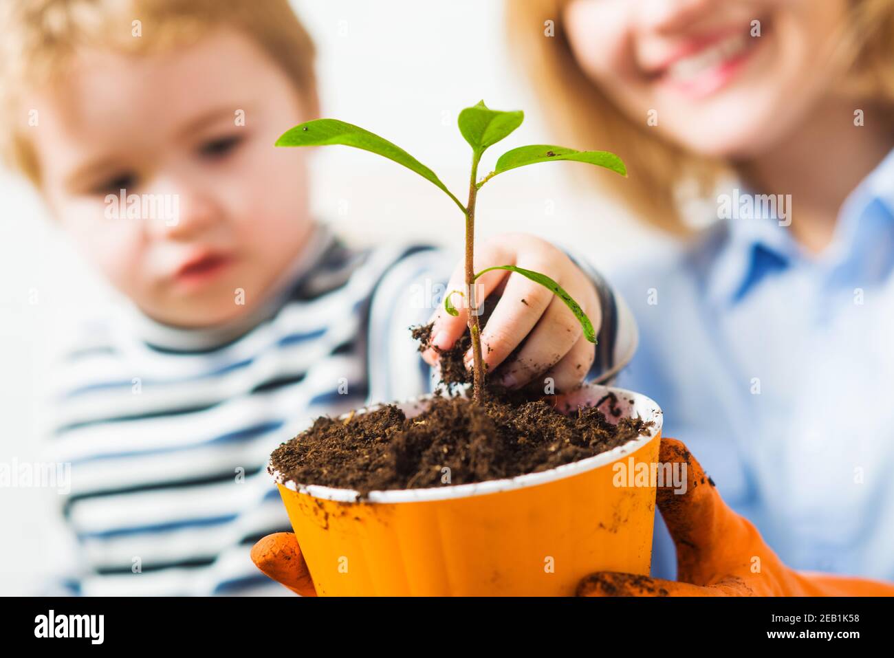 Mother with little son planting flower. Family relationships. Care for ...
