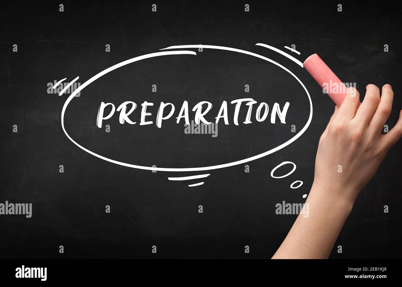 Hand drawing PREPARATION inscription with white chalk on blackboard ...