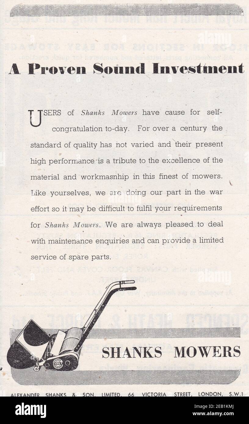 Vintage newspaper advert for Shanks Mowers 1940s Stock Photo - Alamy