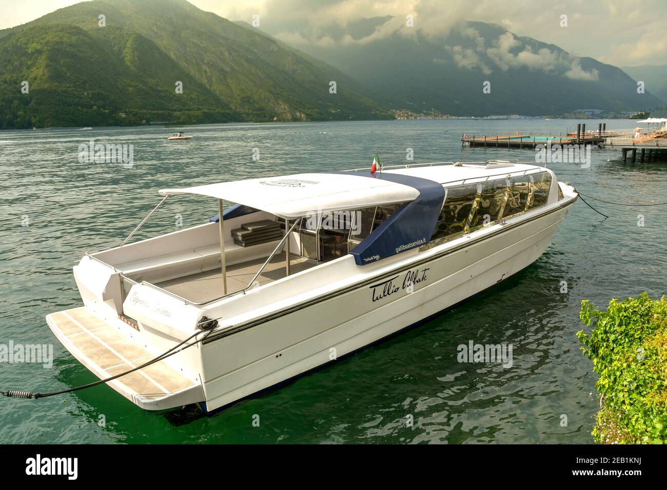 LAKE COMO, ITALY - JUNE 2019: Motor launch moored near Cadenabbia on ...