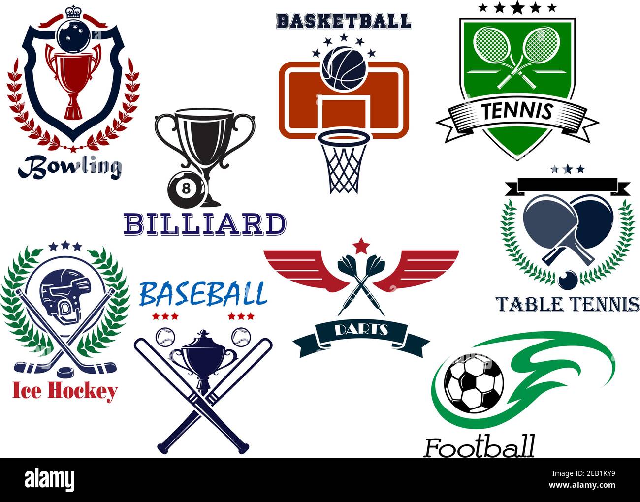 Variety sports icons set with bowling, billiard, basketball, tennis ...
