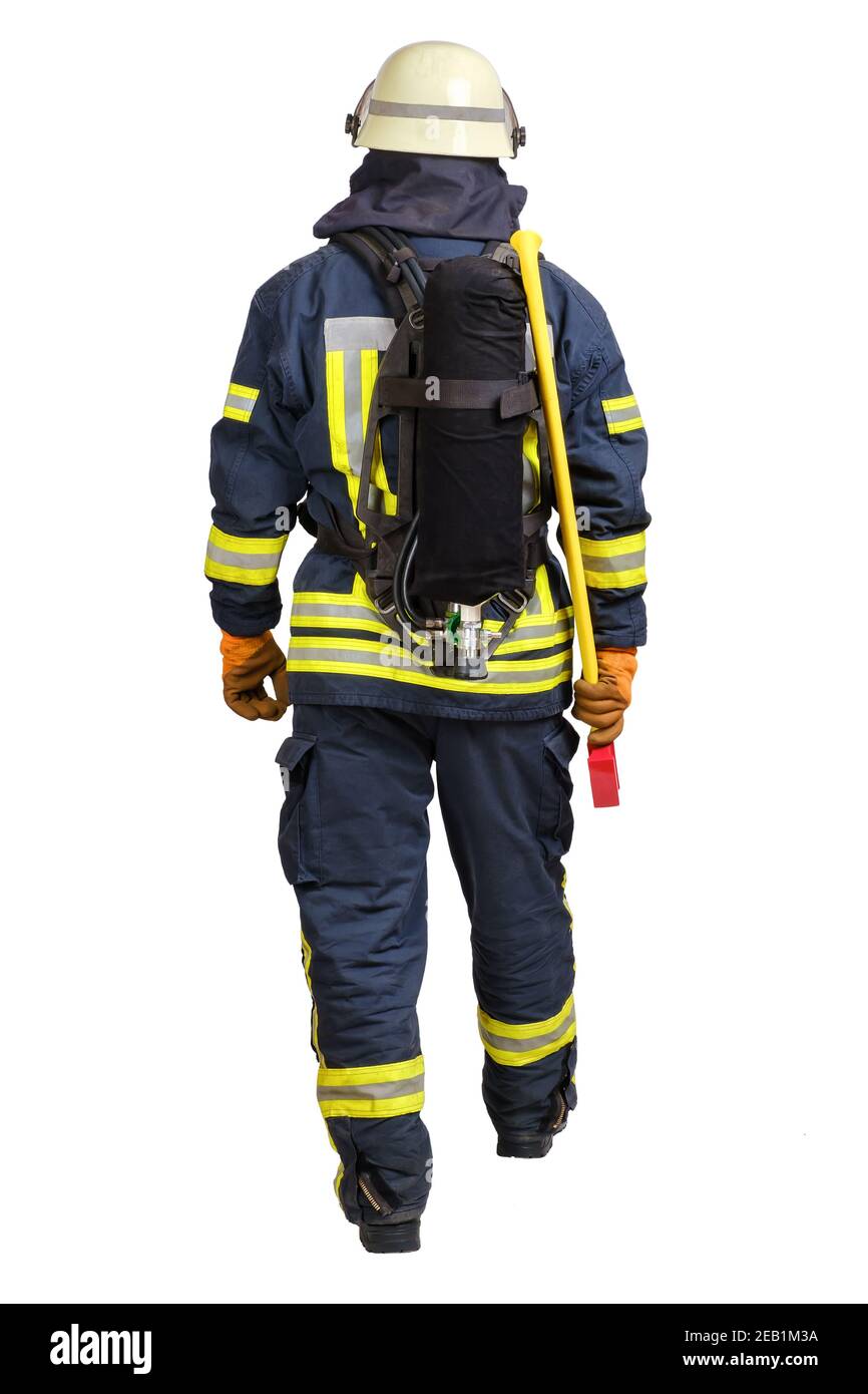 Back side view of walking firefighter in fire-proof uniform Stock Photo ...