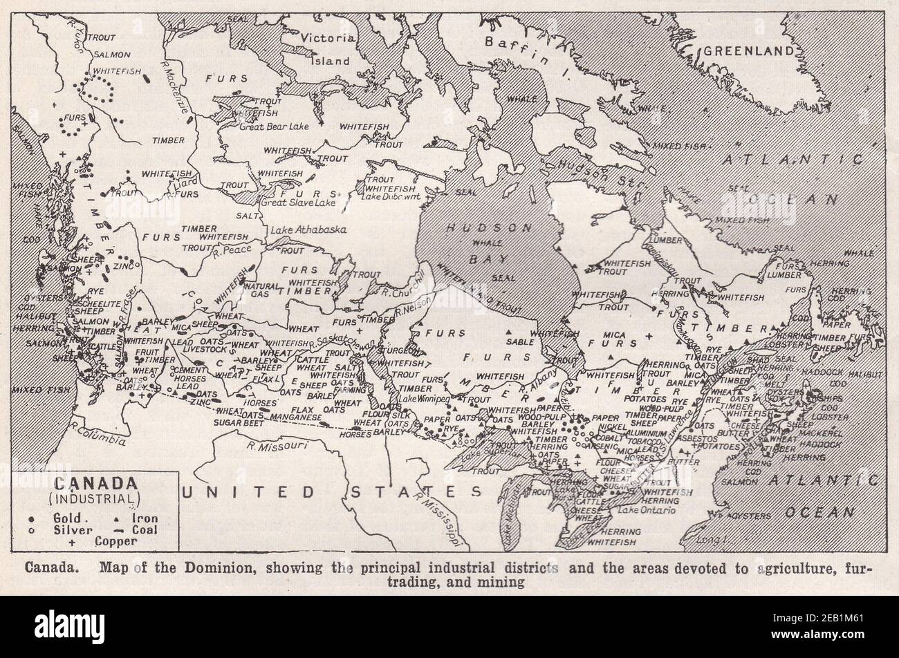 Vintage map of Canada showing the principal industrial districts and ...