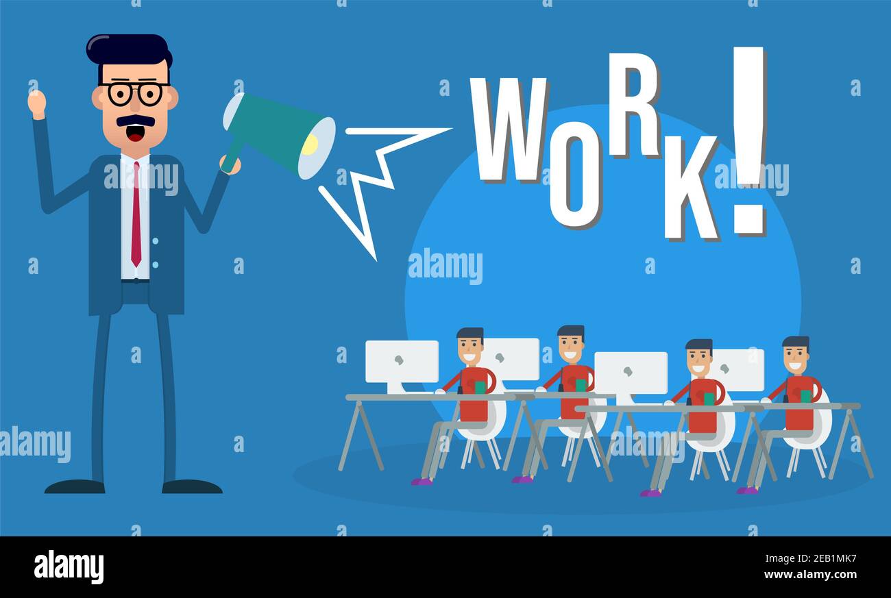 Vector illustration of a businessman with a megaphone shouting 'work ...