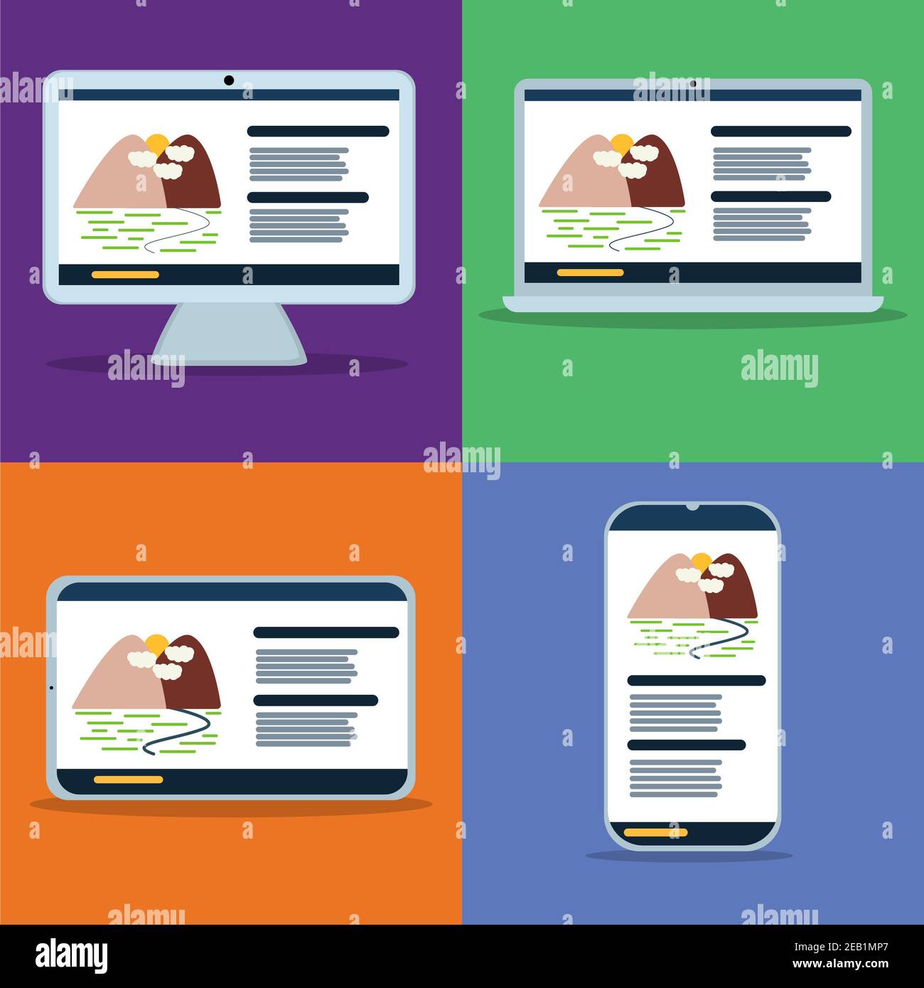 Set of colorful illustrations showing the same website on different ...