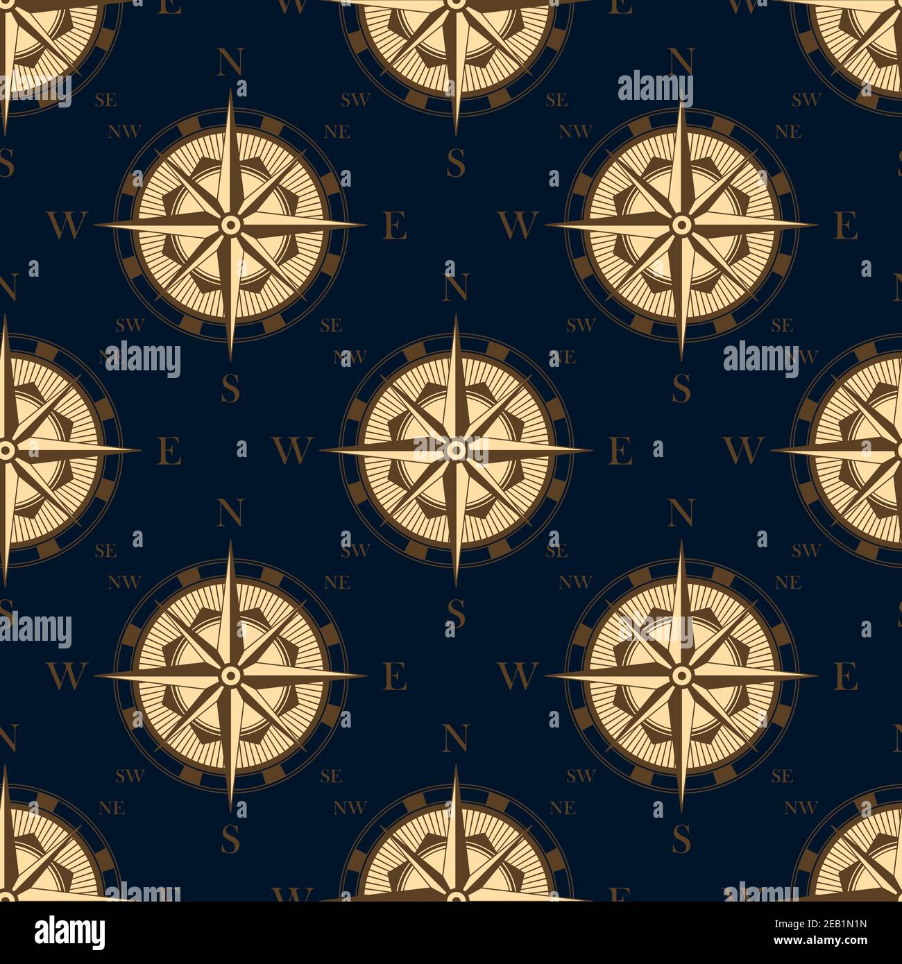 Golden stylized compass rose in retro style seamless pattern on dark ...
