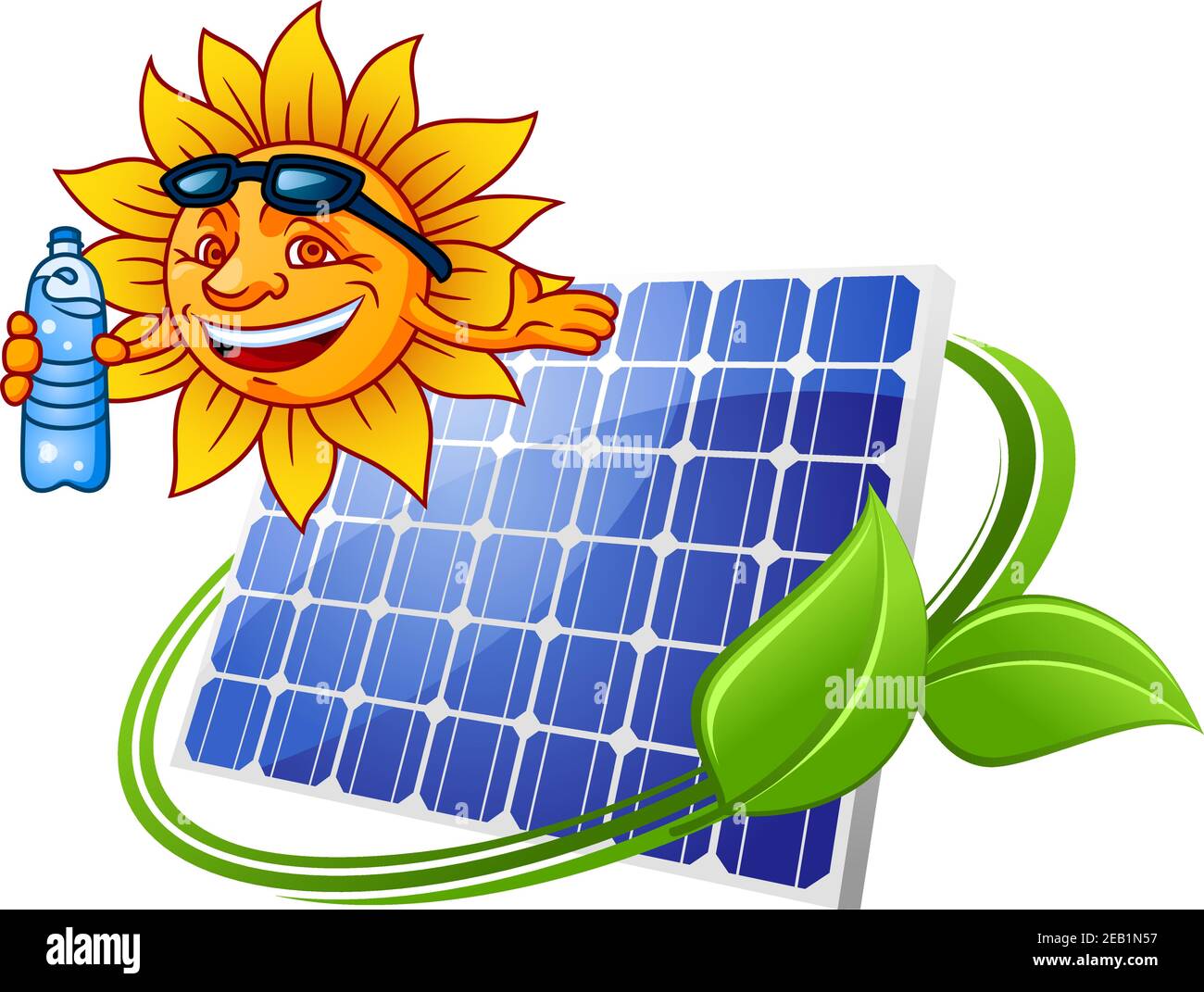 Solar energy concept depicting blue sun panel with green leafy stalk ...