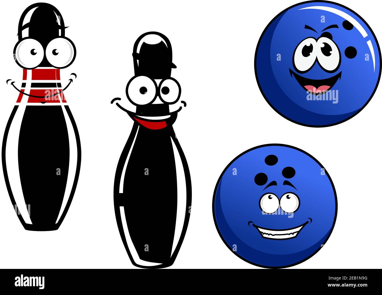 Happy smiling cartoon bowling pins or skittles and balls characters ...