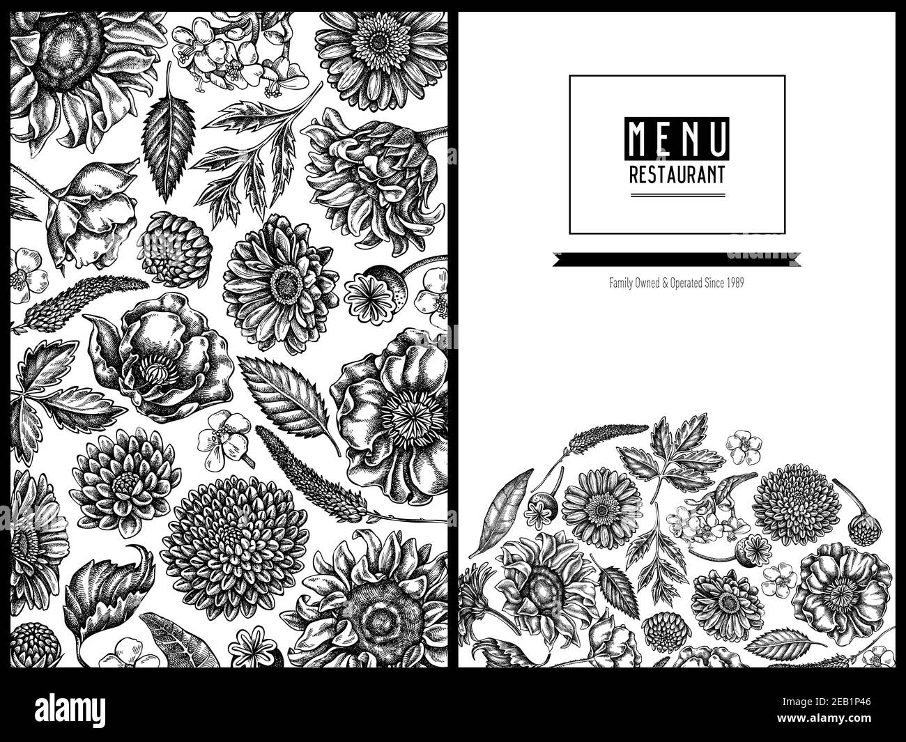 Menu cover floral design with black and white poppy flower, gerbera ...