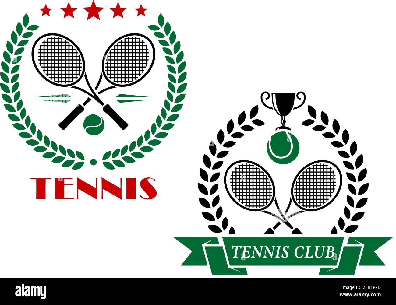 Tennis game icons and emblems with crossed rackets, wreath, ribbons ...