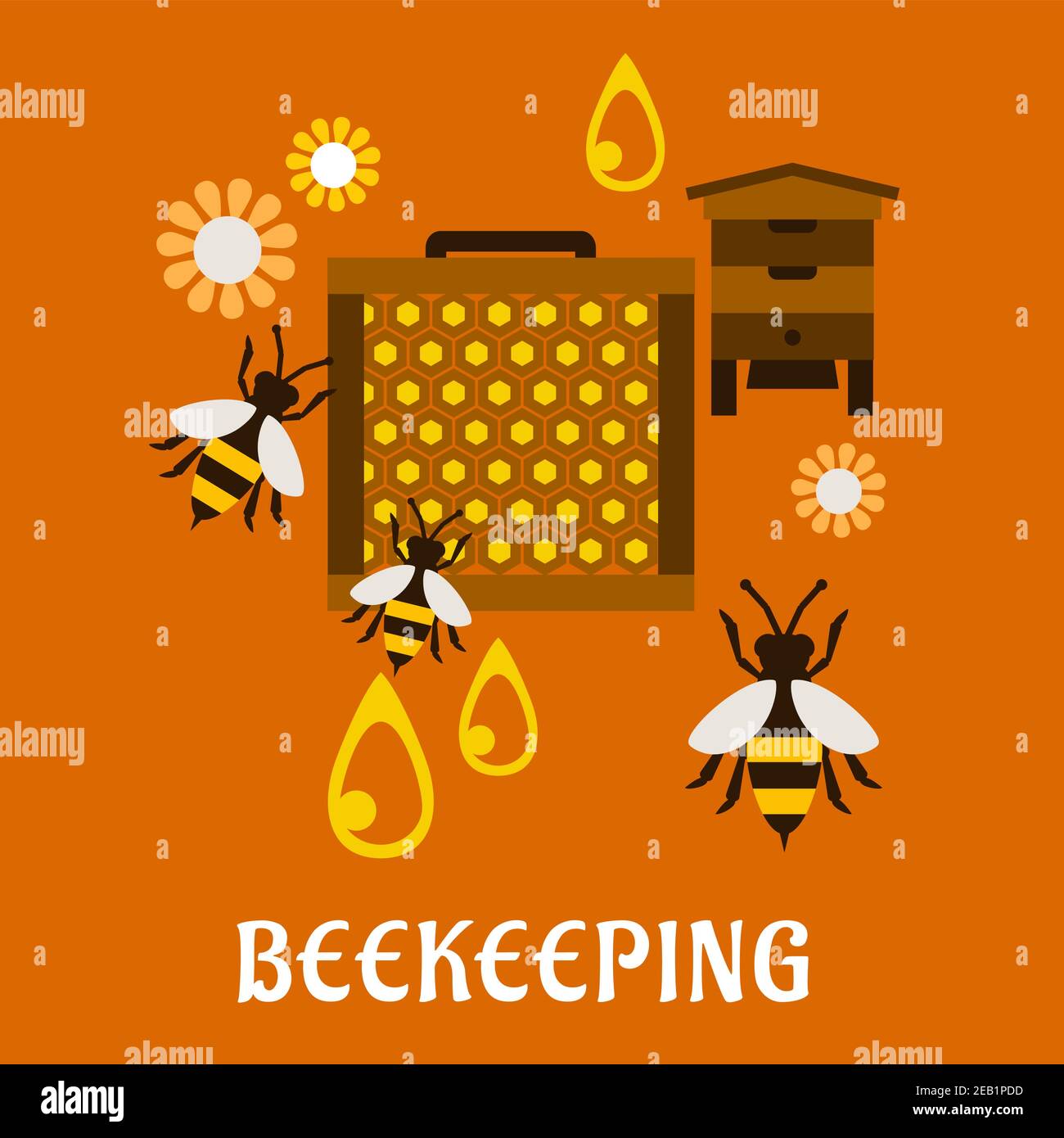 Beekeeping concept in flat style showing beehive, frame with honeycombs ...