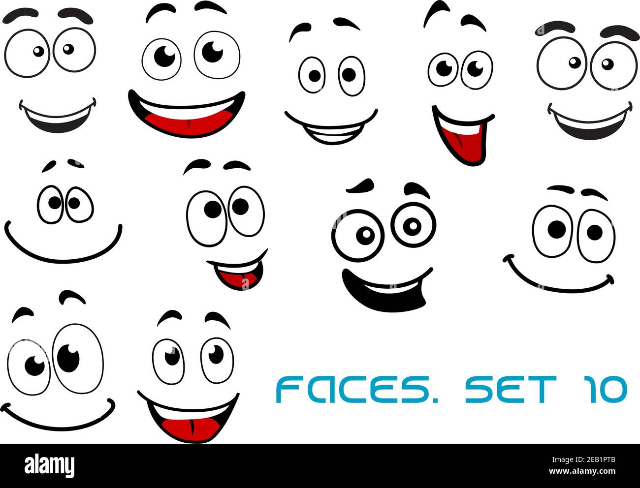 Happy and joyful emotions on cartoon smiling faces for humor caricature ...