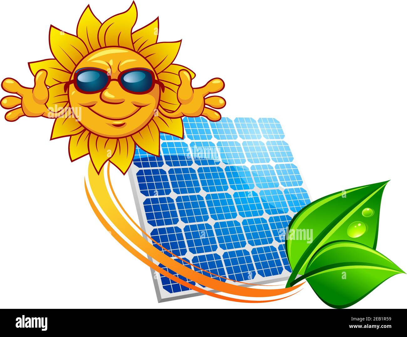 Solar energy panel decorated sun rays and green leaves in dew above ...