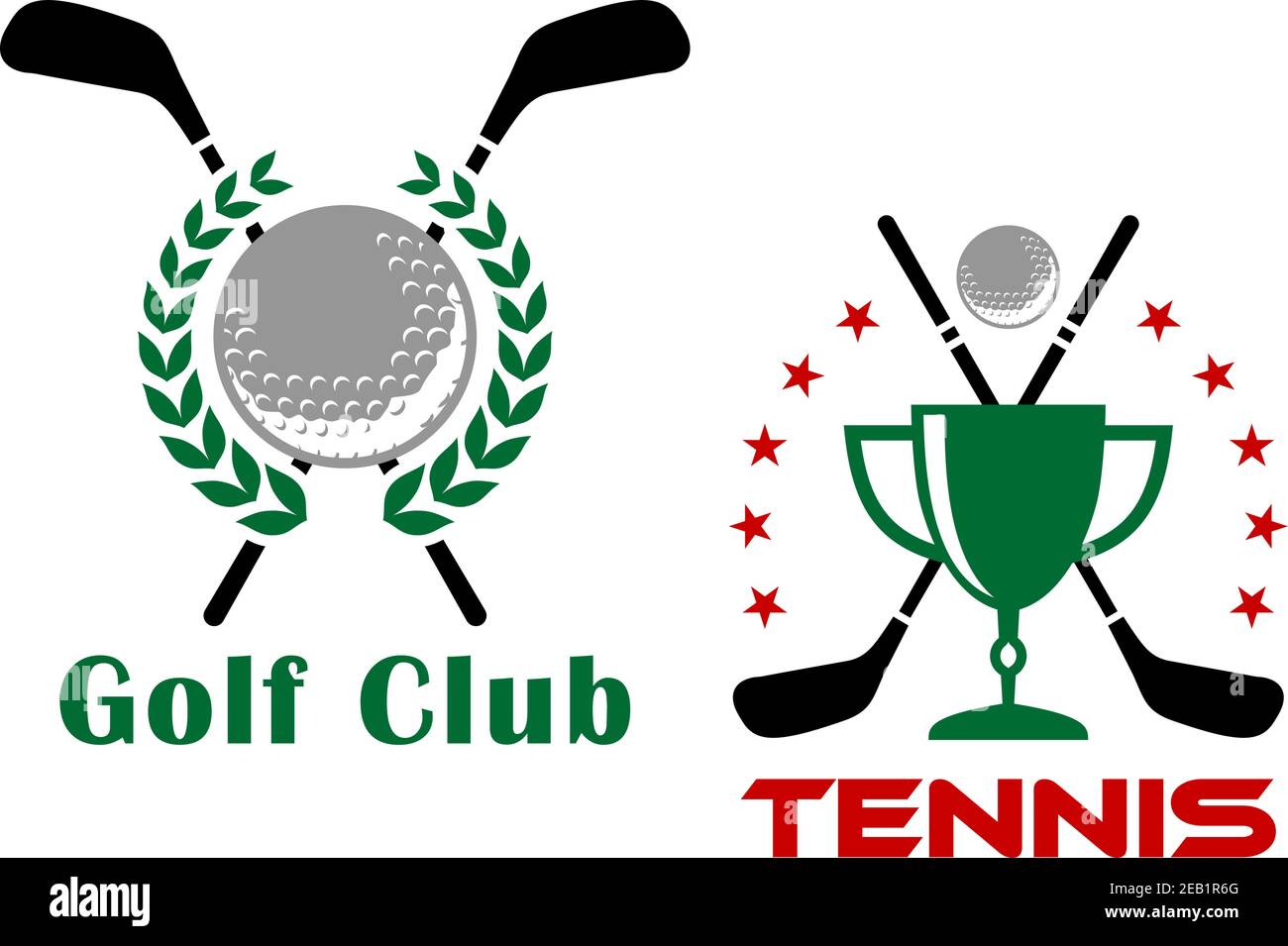 Golf club heraldic logo or emblems depicting golf balls and trophy cup ...
