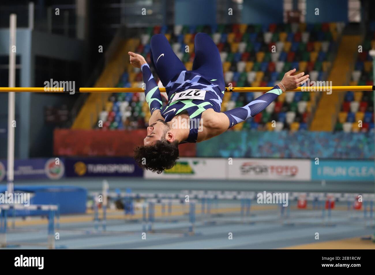 ISTANBUL, TURKEY - FEBRUARY 06, 2021: Undefined athlete high jumping ...