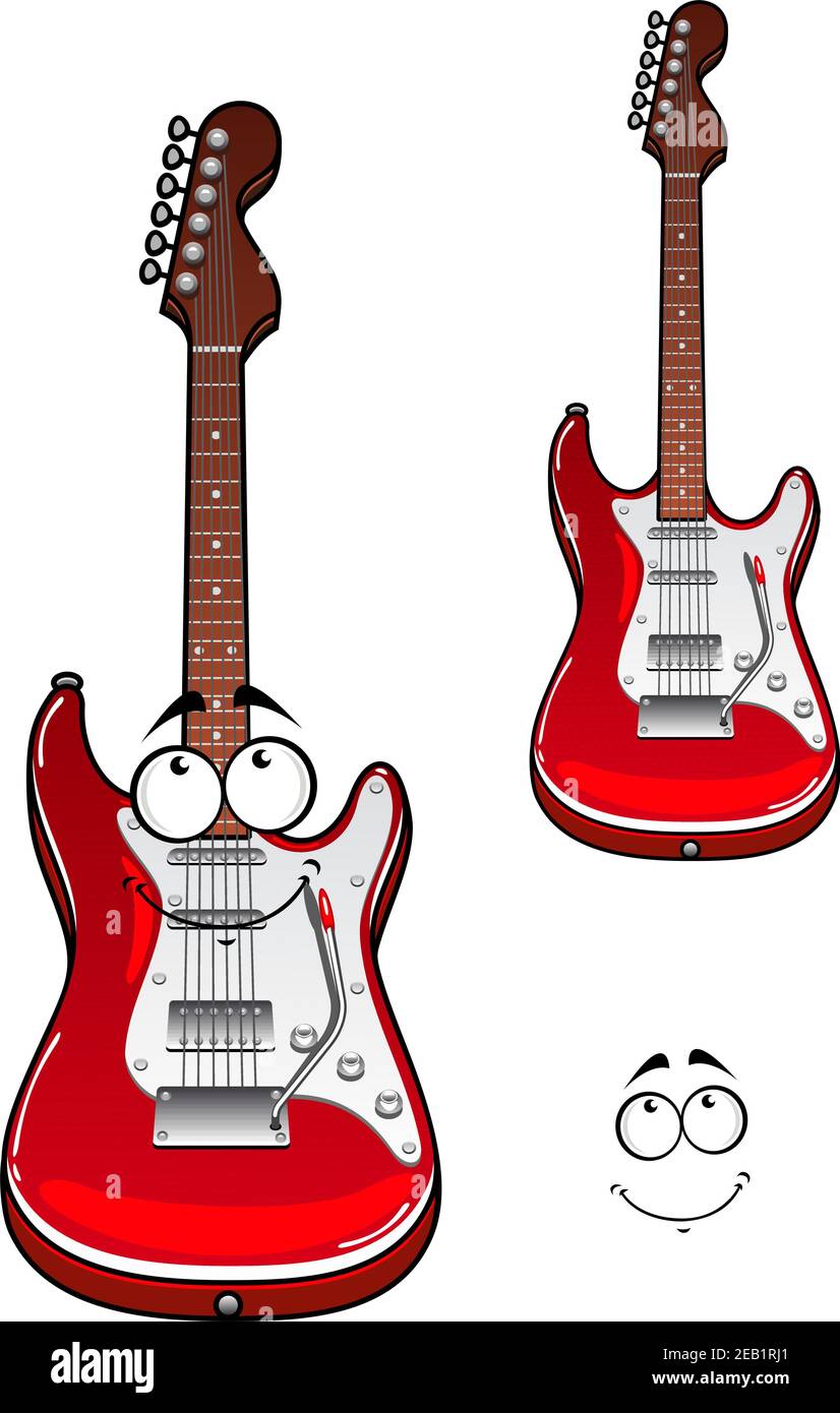 Red Electric Guitar Cartoon Character Showing Cheerful Musical