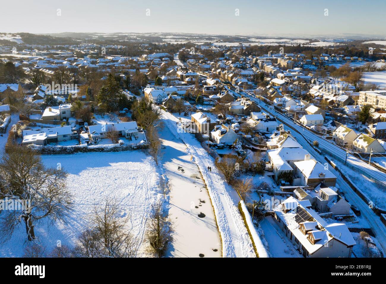 Aerial view of the Union canal frozen over, Manse road, Linlithgow ...