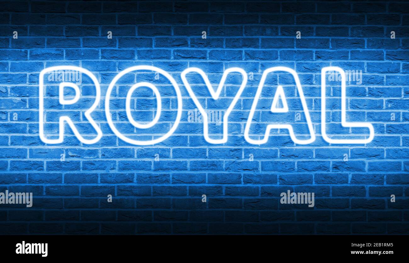 Royal sign with neon blue lights on a brick wall Stock Photo - Alamy