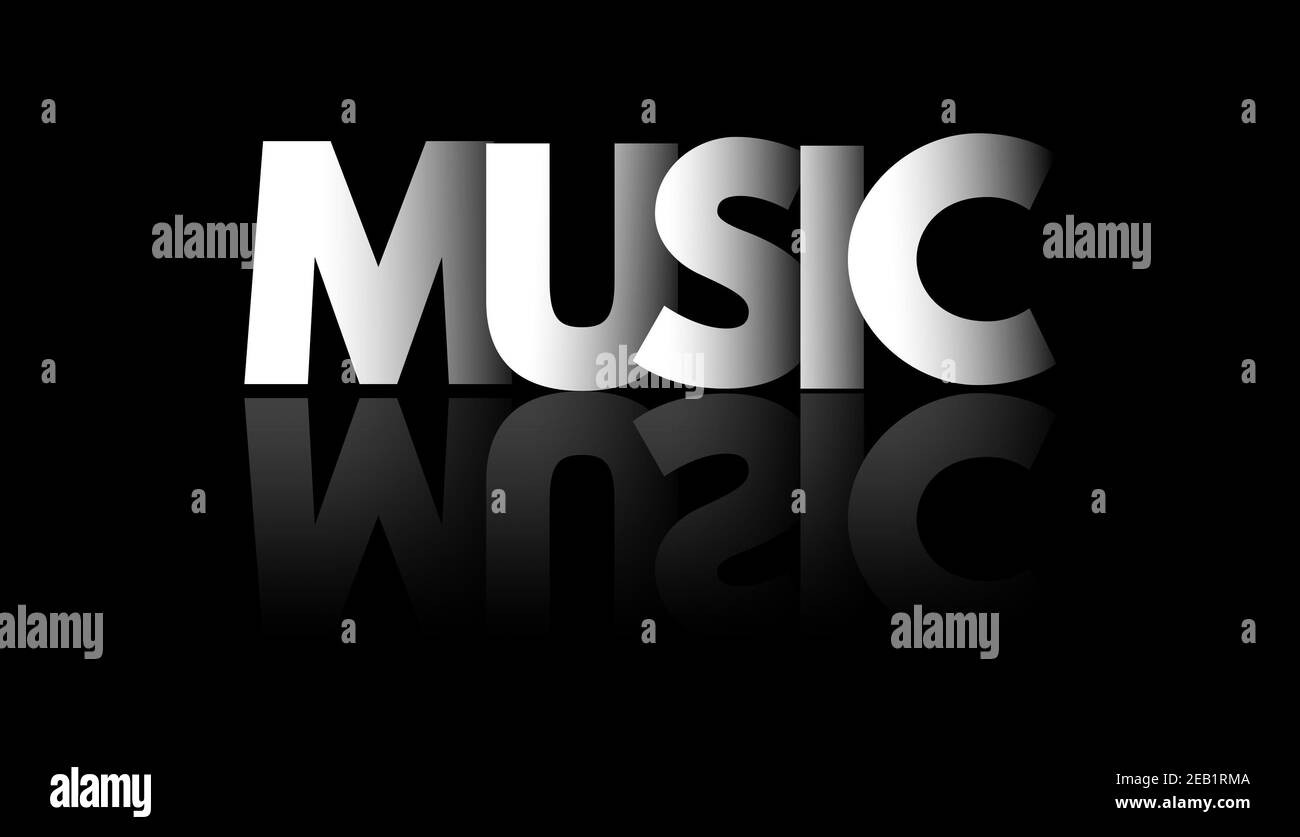 3D rendering illustration of music with white letters and reflection in ...
