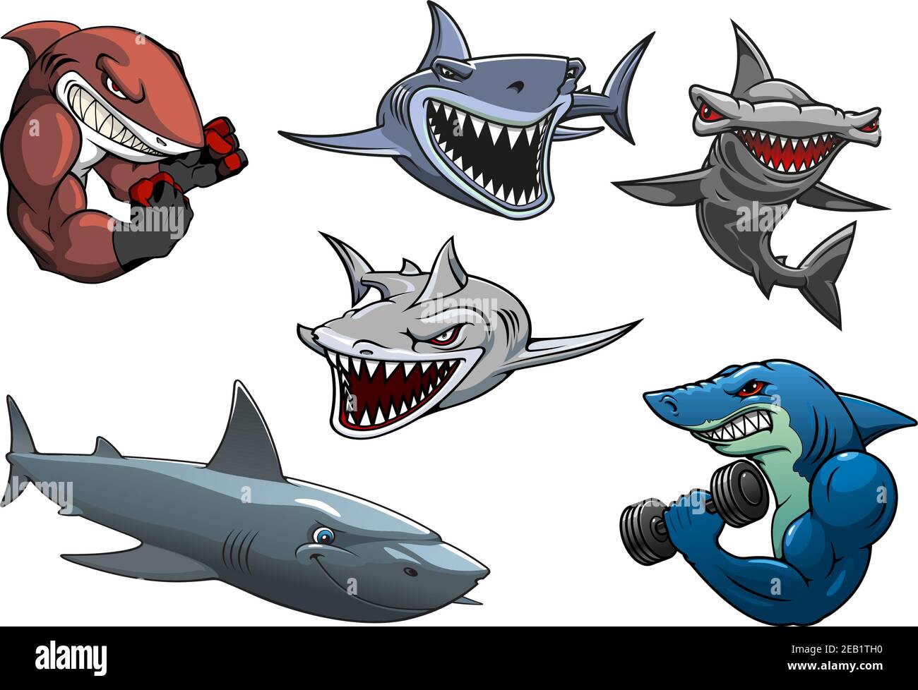 Cartoon angry dangerous sharks characters including sporting sharks ...
